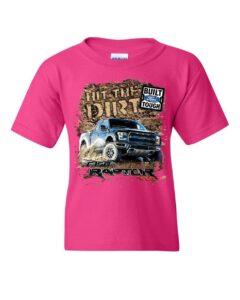 hit the dirt built ford tough youth t-shirt f-150 raptor pickup truck kids tee hot pink medium