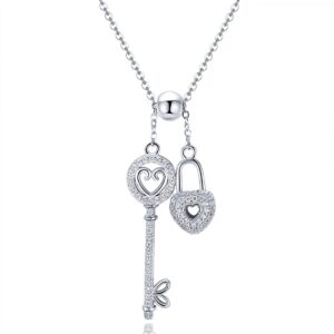 bisaer heart lock and key pendant necklace 925 sterling silver cubic zirconia charm necklace adjustable necklaces for women girls