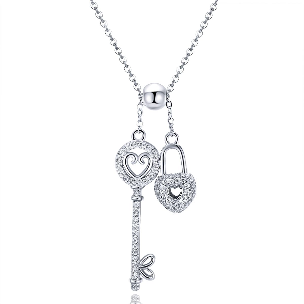 BISAER Heart Lock and Key Pendant Necklace 925 Sterling Silver Cubic Zirconia Charm Necklace Adjustable Necklaces for Women Girls