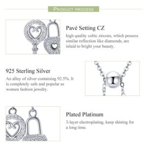 BISAER Heart Lock and Key Pendant Necklace 925 Sterling Silver Cubic Zirconia Charm Necklace Adjustable Necklaces for Women Girls