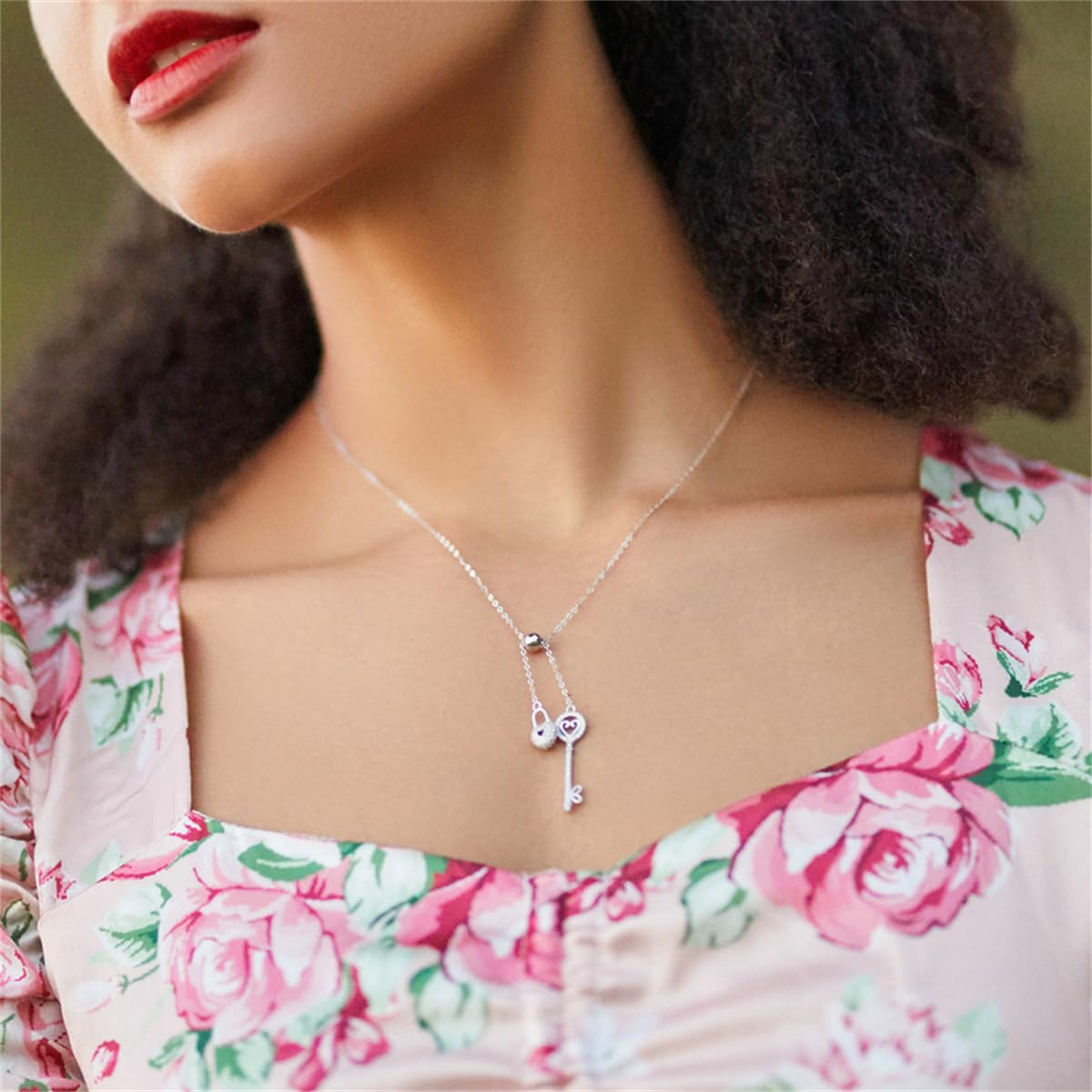 BISAER Heart Lock and Key Pendant Necklace 925 Sterling Silver Cubic Zirconia Charm Necklace Adjustable Necklaces for Women Girls