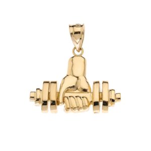 calirosejewelry 10k weightlifting dumbell barbell fitness gym trainer charm pendant in yellow gold, 16"