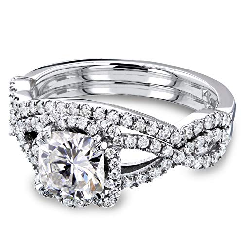 Kobelli Cushion Moissanite Fancy Halo Cross Shank Bridal Set, 1-1/2 CTW in 14k White Gold, 8