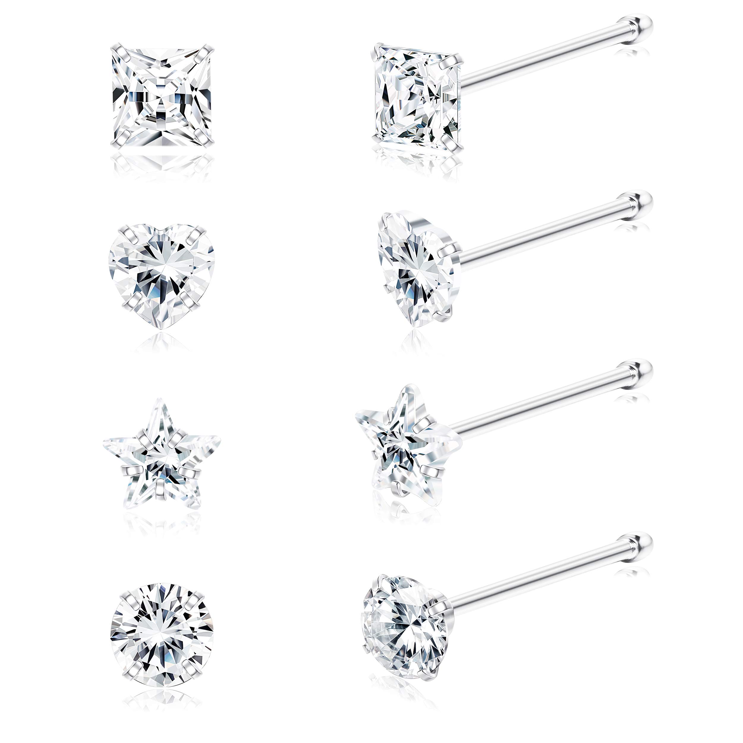 Sllaiss 8Pcs 22G Sterling Silver Nose Rings Studs Tiny 3mm Assorted Shapes CZ Inlaid Nose Body Piercing Jewelry