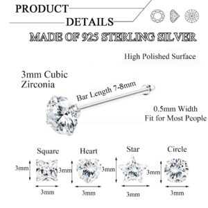 Sllaiss 8Pcs 22G Sterling Silver Nose Rings Studs Tiny 3mm Assorted Shapes CZ Inlaid Nose Body Piercing Jewelry