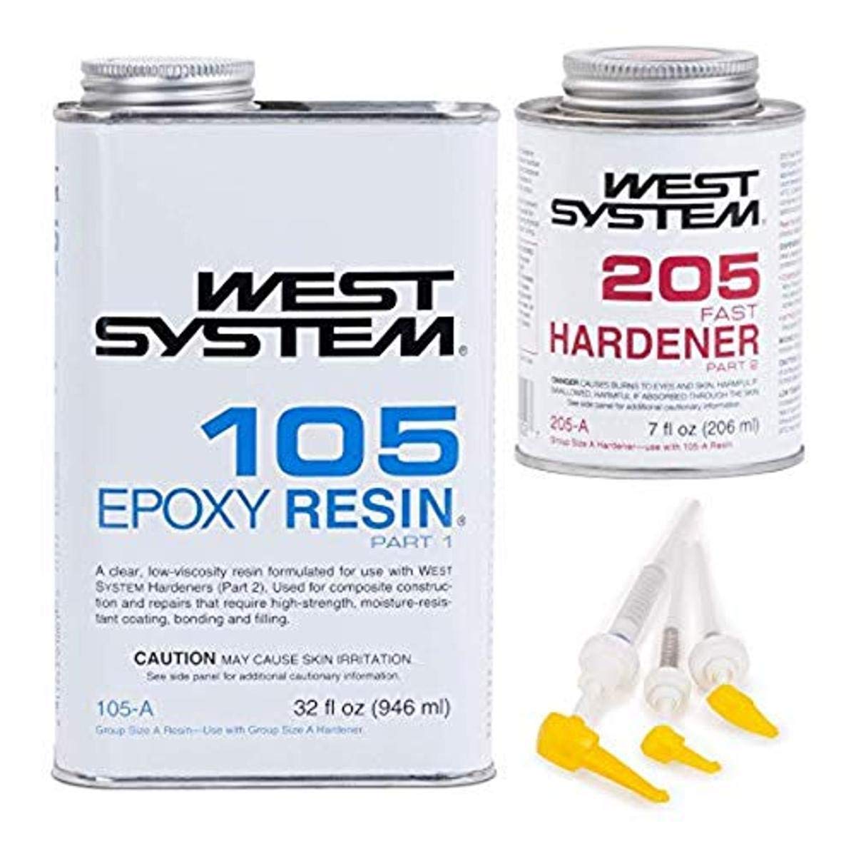 WEST SYSTEM 105A Epoxy Resin (32 fl oz) Bundle with 205A Fast Epoxy Hardener (7 fl oz) and 300 Mini Pumps Epoxy Metering 3-Pack Pump Set (3 Items)