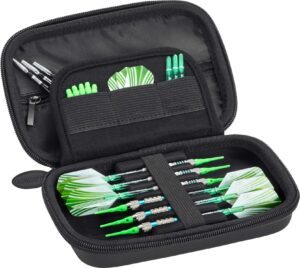 casemaster sentinel 6 dart case, holds extra accessories, tips, shafts and flights, compatible with steel tip and soft tip darts, impact & water resistant tactech shell, black zipper