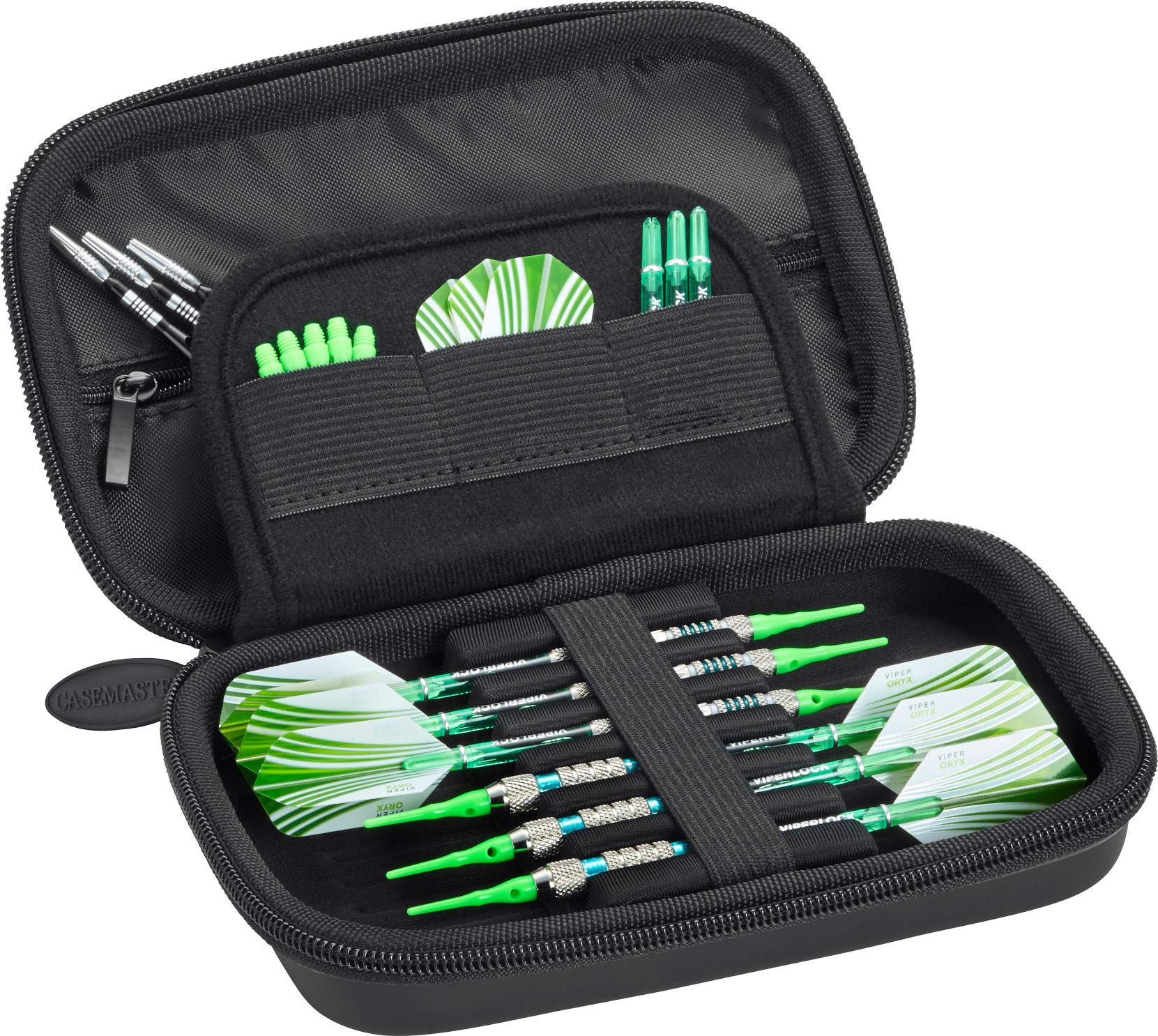 Casemaster Sentinel 6 Dart Case, Holds Extra Accessories, Tips, Shafts and Flights, Compatible with Steel Tip and Soft Tip Darts, Impact & Water Resistant Tactech Shell, Black Zipper