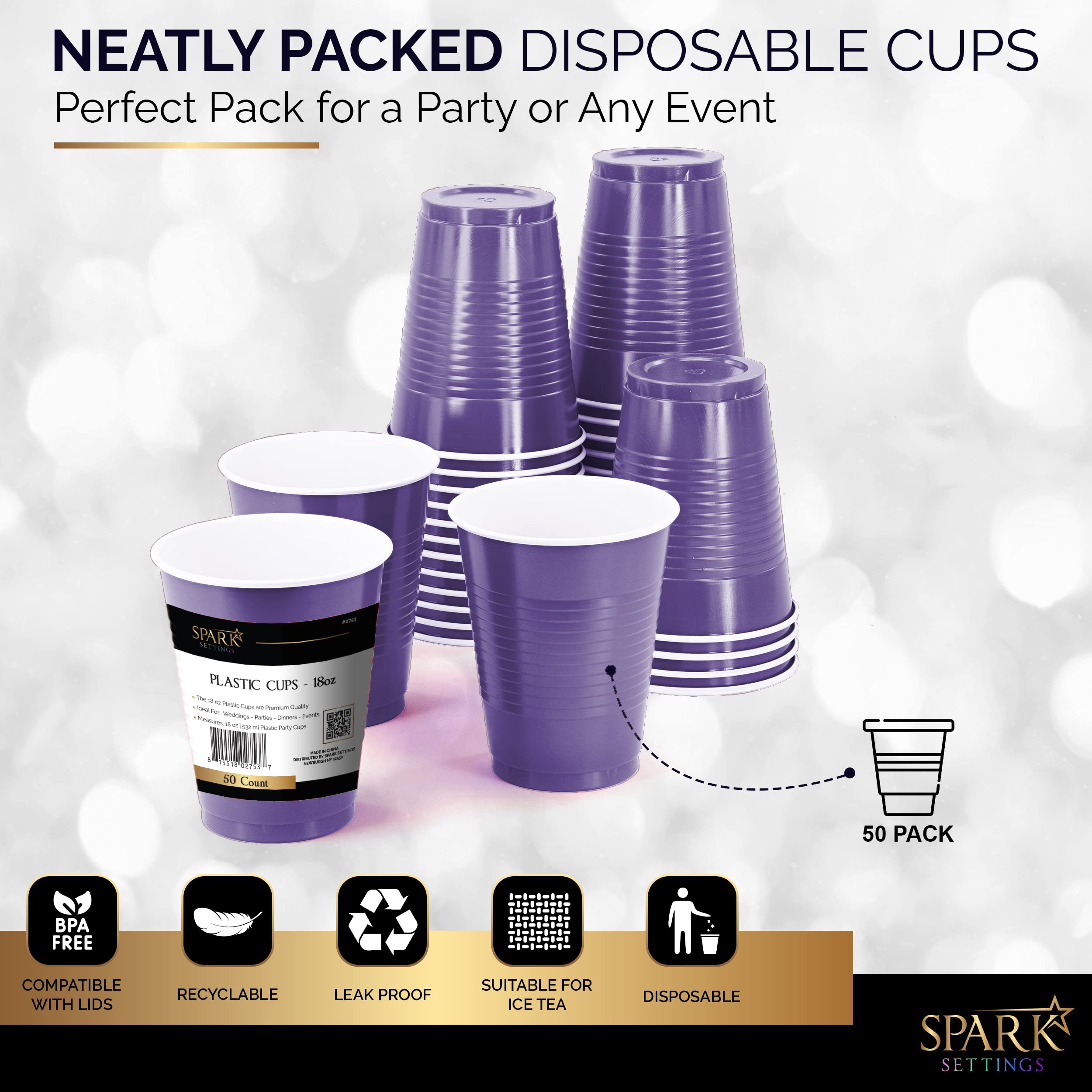 Amcrate Disposable Plastic Cups, Purple Colored Plastic Cups, 18-Ounce Plastic Party Cups, Strong and Sturdy Disposable Cups for Party, Wedding, Christmas, Halloween Party Cup, 50 Pack