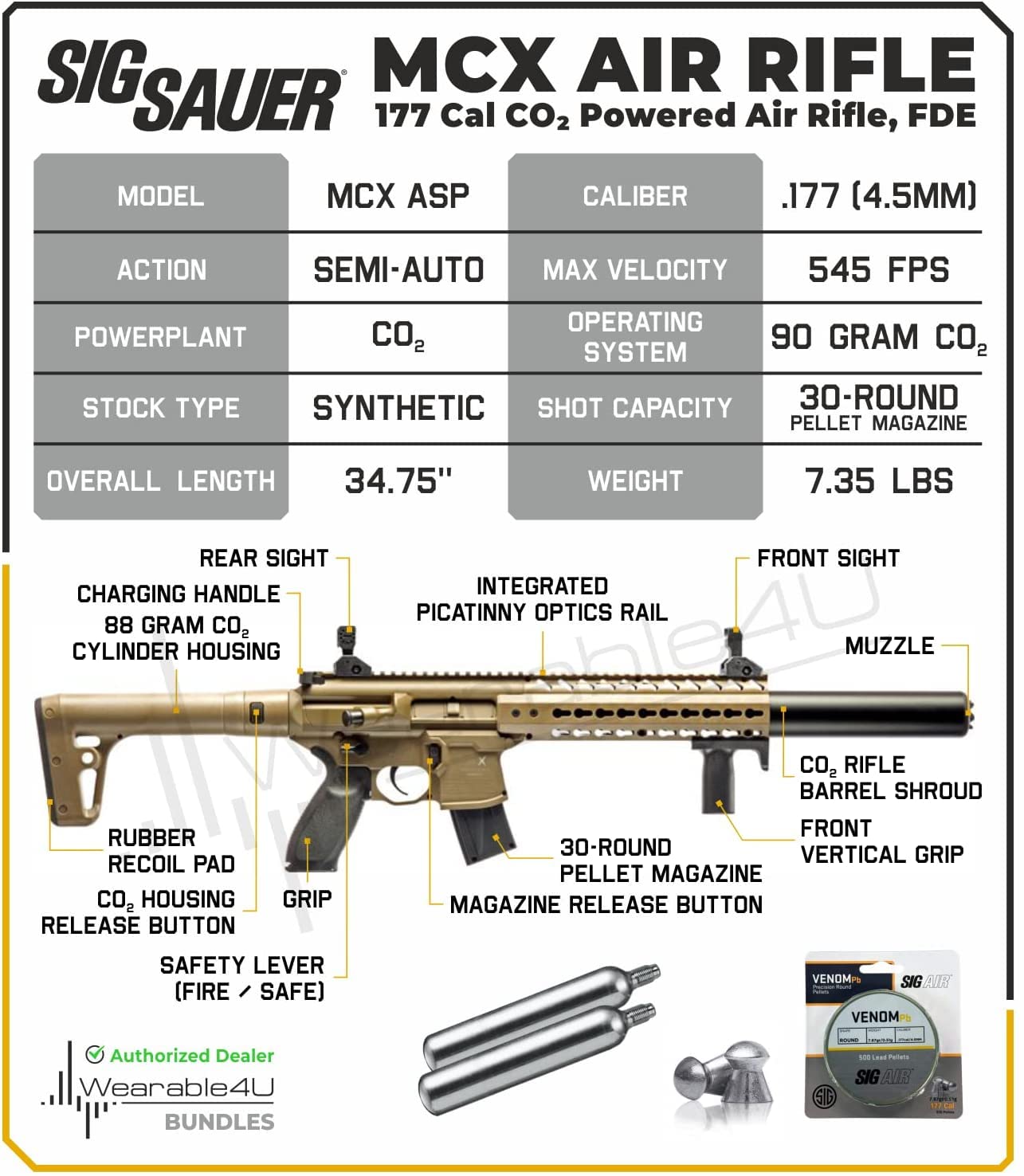 Sіg Sauer MCX .177 Cal CO2 FDE Air Rifle with Wearable4U CO2 90 Gram (2 Pack) and 500x Pellets Bundle