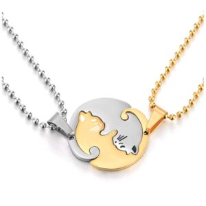 coolsteelandbeyond pair steel gold silver matching kitty cat friendship pendant necklace, lovers couples friends