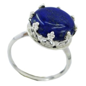 caratyogi real lapis lazuli ring in sterling silver round shape crown style design size 4.5