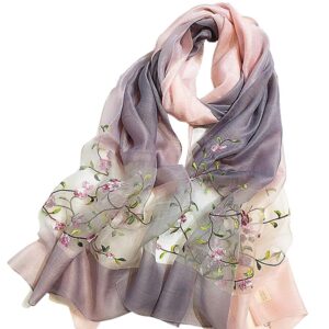 GOFINEE Women Silk&Wool Gradient Embroidered Scarf Headwrap Shawl Pink