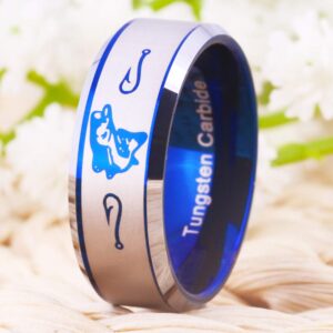 CLOUD DANCER FREE Custom Engraving Blue Tungsten Wedding Bands Bass Ring Fishing Ring Fish Hooks Ring Hunting Ring (9)