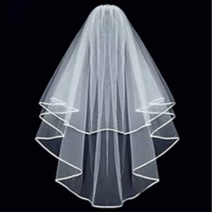 ZIYAN White Double Ribbon Edge Center Cascade Bridal Wedding Veil with Comb