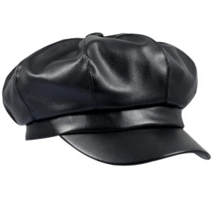 moonsix newsboy hat,plain cabbie visor beret gatsby ivy caps for women,black(pu leather style 2)