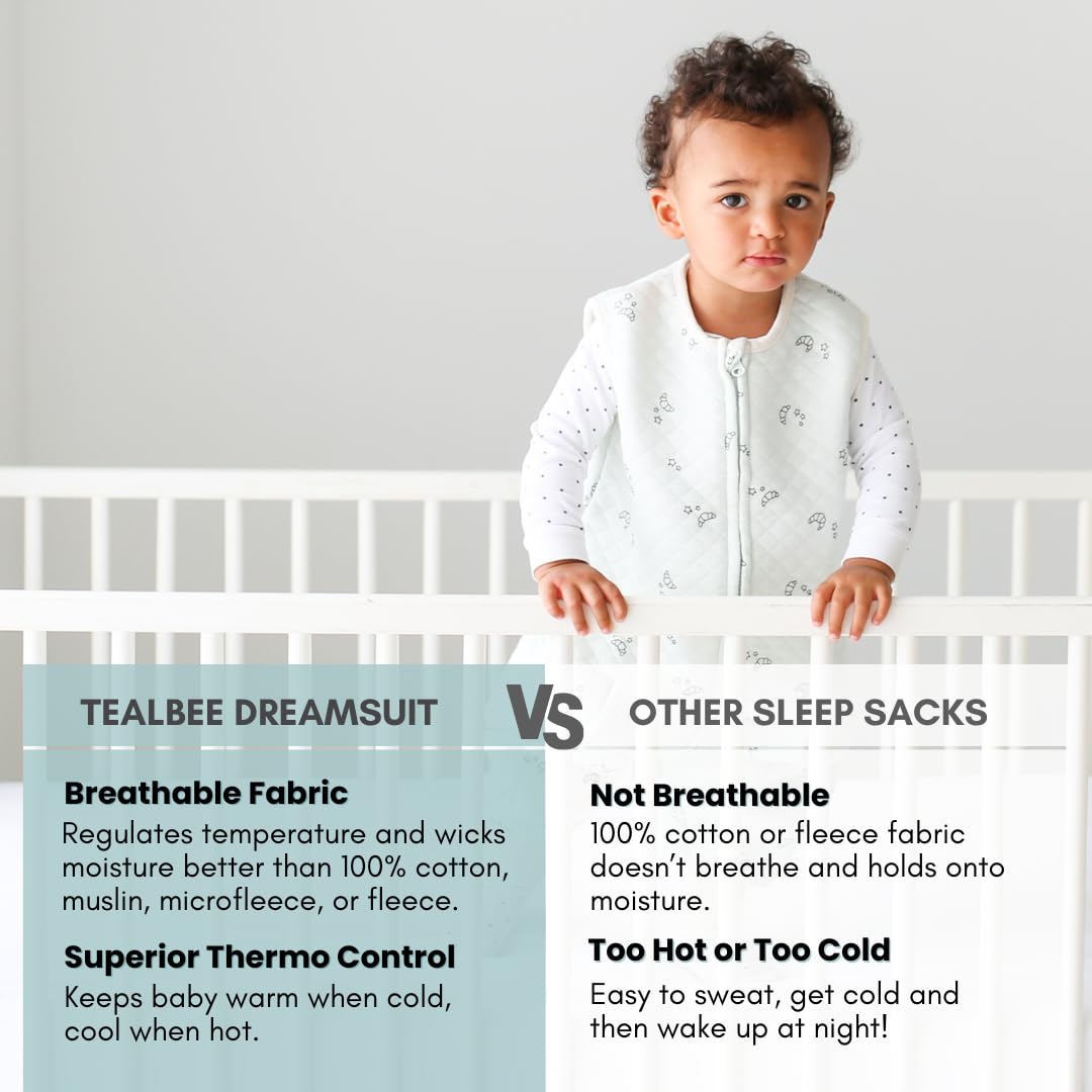 Tealbee DREAMSUIT: Toddler Sleep Sack with Feet 12-18 Months, 18-24 Months - 0.8 TOG Lightweight Baby Wearable Blanket for Walkers - Rayon Made from Bamboo, Organic Cotton Sleeping Bag - Croissant