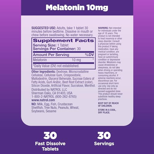 Natrol Sleep Melatonin 10mg Fast Dissolve Tablets, Nighttime Sleep Aid for Adults, 30 Strawberry-Flavored Melatonin Tablets, 30 Day Supply