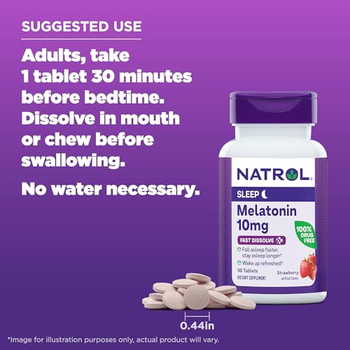 Natrol Sleep Melatonin 10mg Fast Dissolve Tablets, Nighttime Sleep Aid for Adults, 30 Strawberry-Flavored Melatonin Tablets, 30 Day Supply