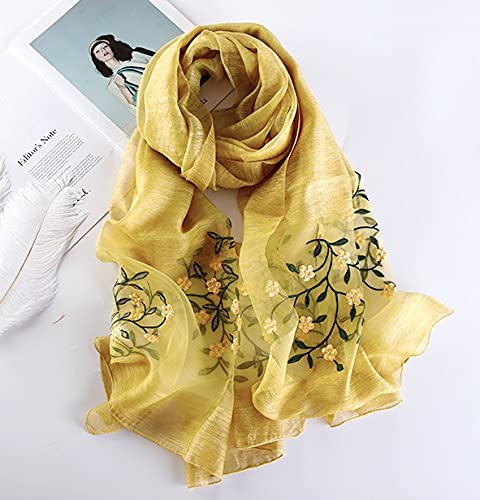 Alysee Women Soft Warm Silk&Wool Mixed Embroidered Scarf Shawl Headwrap Mustard Yellow