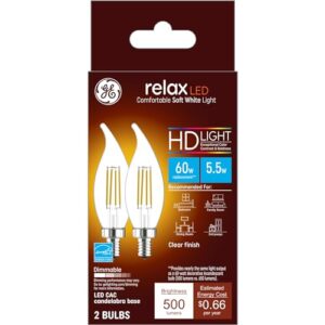 ge relax led light bulbs, candle lights, 60 watts, soft white clear decorative ca11 bulbs, small base (2 pack)