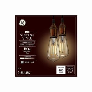 GE Lighting Vintage Edison Style LED Light Bulbs, 6 Watt (60 Watt Equivalent) Warm Candle Light, Clear Glass, Medium Base, Dimmable, 2 Count (Pack of 1)