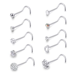 joerica 10 pcs 20g stainless steel screw nose studs rings cz labret silver gold nose stud piercing jewelry set silver tone