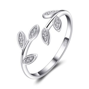 jewelrypalace olive leaf cubic zirconia open adjustable rings, 14k white gold plated 925 sterling silver rings for women, simulated diamond cuff finger thumb band ring