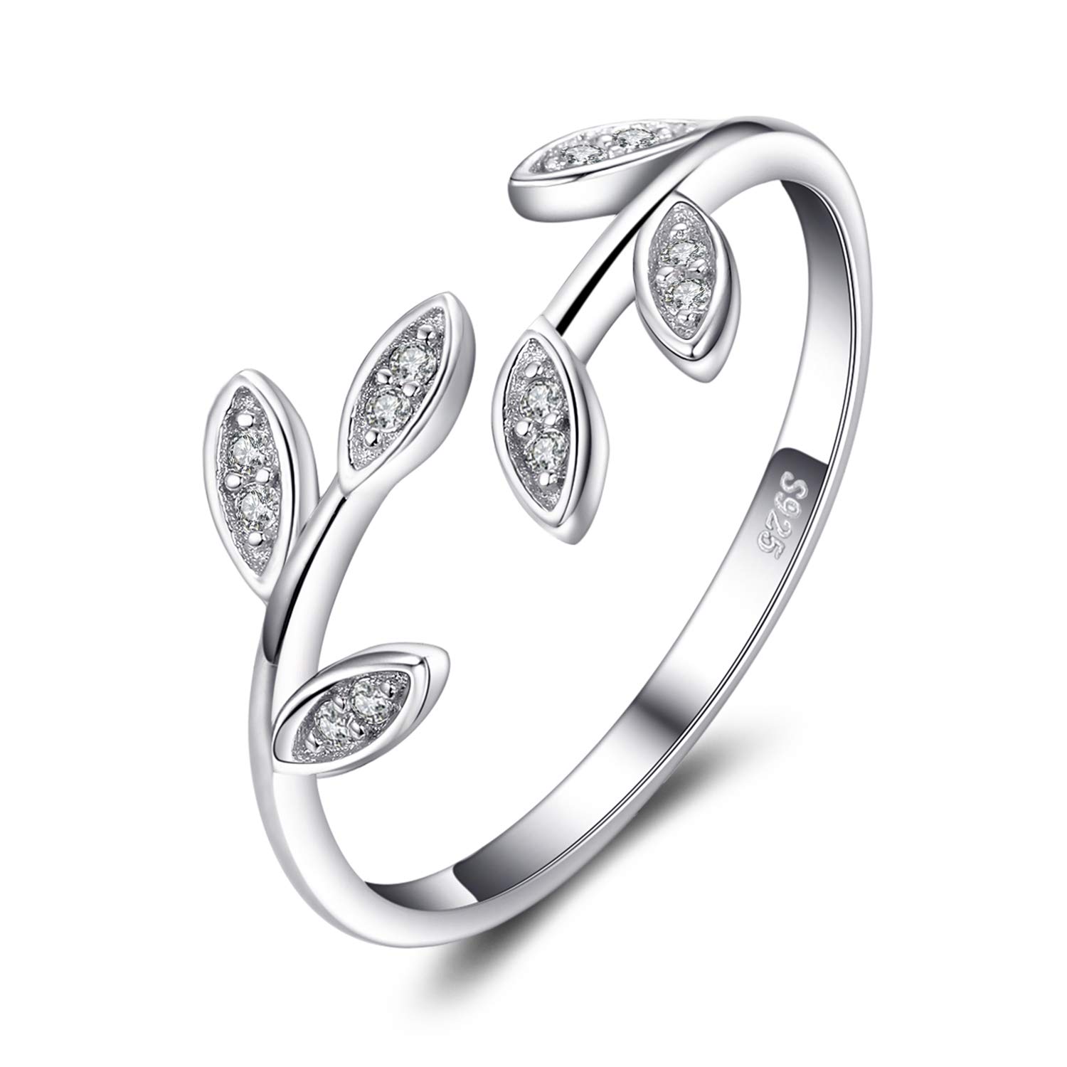 JewelryPalace Olive Leaf Cubic Zirconia Open Adjustable Rings, 14K White Gold Plated 925 Sterling Silver Rings for Women, Simulated Diamond Cuff Finger Thumb Band Ring