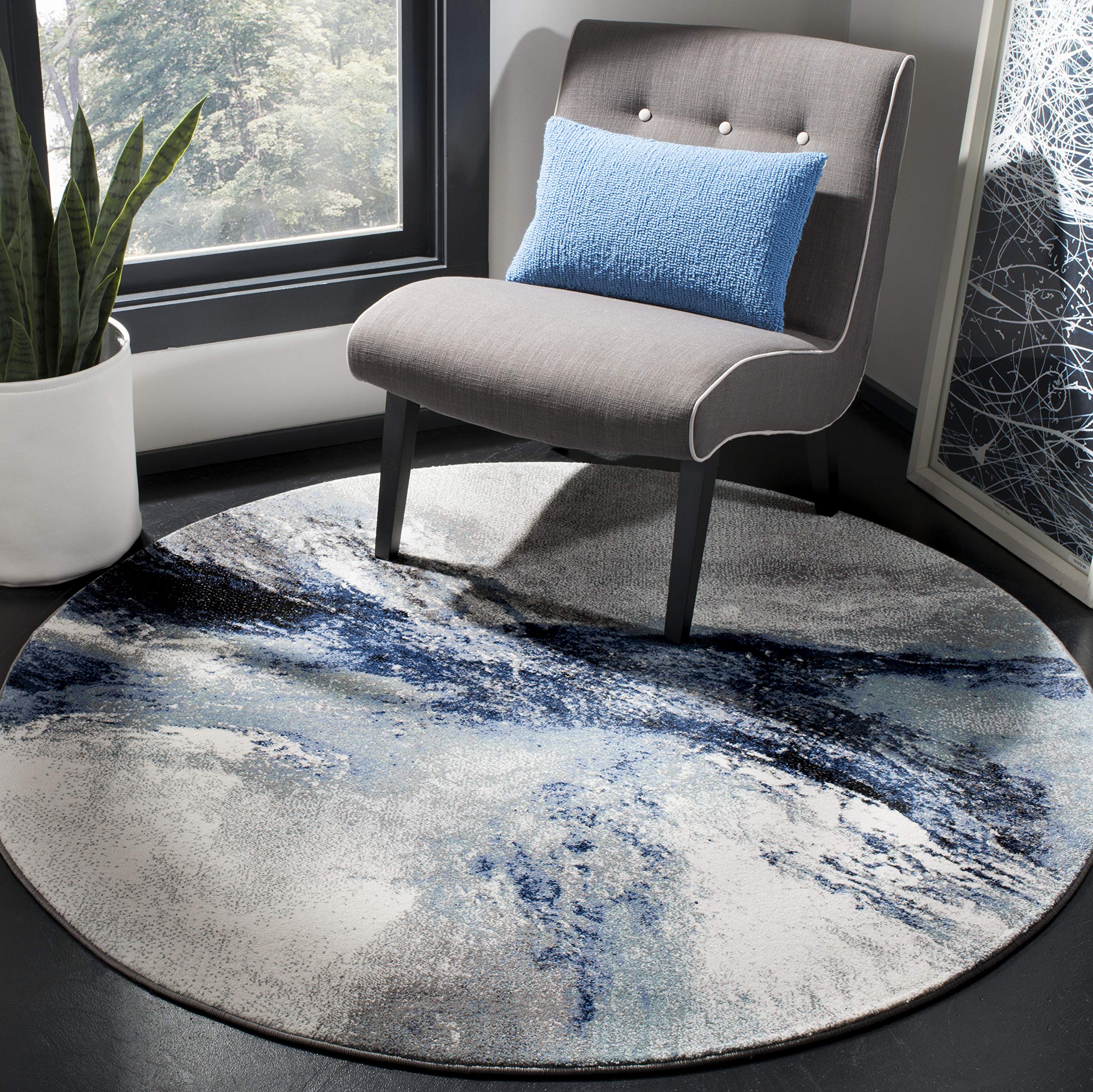 SAFAVIEH Galaxy Collection 5'3" Round Blue/Grey GAL117M Modern Abstract Non-Shedding Dining Room Entryway Foyer Living Room Bedroom Area Rug