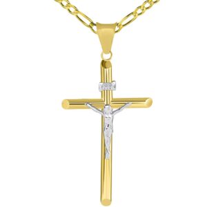 jewelry america 14k two tone gold traditional catholic cross inri crucifix pendant with figaro necklace, 24"