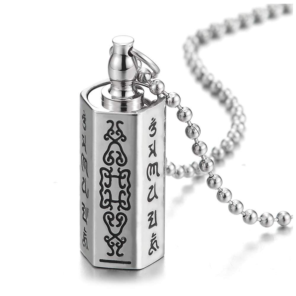 COOLSTEELANDBEYOND Steel Cylinder Pill Box Memorial Holder Stash Locket Hexagon Pendant Necklace, Screw Head, Tibetan