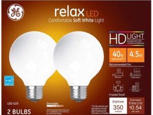 ge lighting relax led globe light bulbs, 4.5 watts (40 watt equivalent) soft white hd light, frosted finish, medium base, dimmable (2 pack)