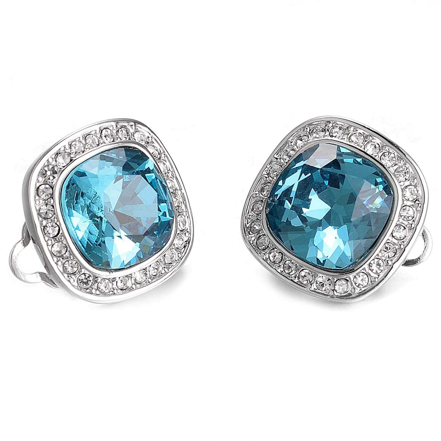 Yoursfs Blue Clip On Eearrings For Women Platinum Plated 4ct Square Crystal Halo CZ Bridal Wedding Earring