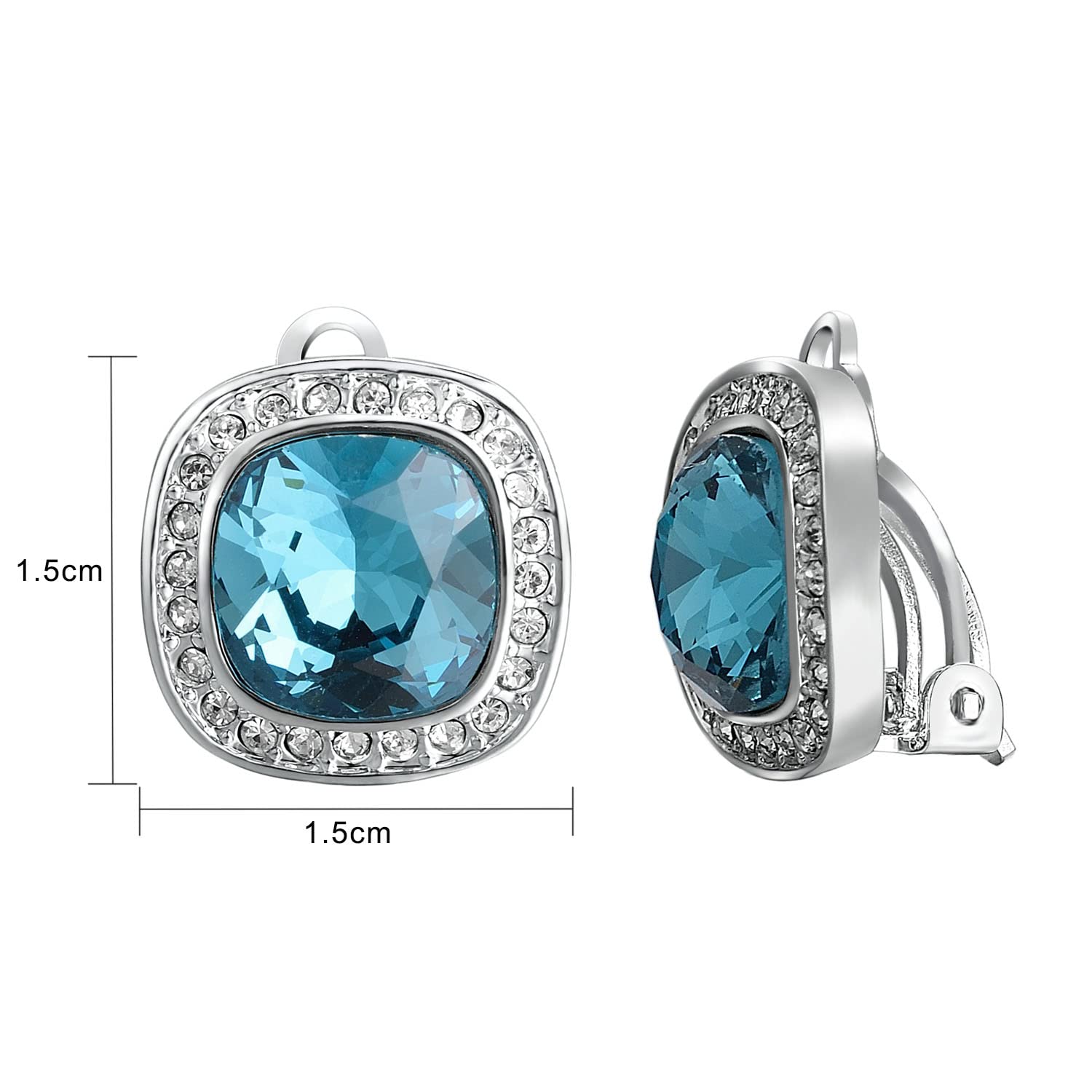 Yoursfs Blue Clip On Eearrings For Women Platinum Plated 4ct Square Crystal Halo CZ Bridal Wedding Earring