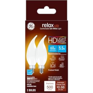 ge relax led light bulbs, candle lights, 60 watts, soft white frosted decorative ca11 bulbs, small base (2 pack)