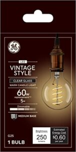 ge lighting vintastyle led globe light bulb, 5 watt (60 watt equivalent) warm candle light, clear glass, medium base, dimmable (1 pack)