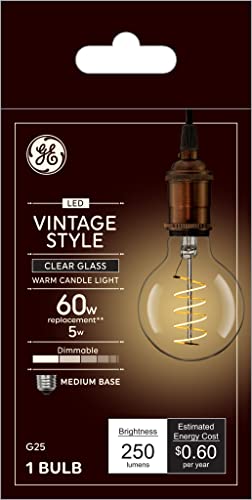 GE Lighting VintaStyle LED Globe Light Bulb, 5 Watt (60 Watt Equivalent) Warm Candle Light, Clear Glass, Medium Base, Dimmable (1 Pack)