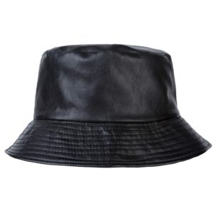 zlyc unisex fashion bucket hat pu leather rain hat waterproof (black)