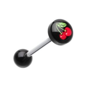 covet jewelry lucky cherry logo acrylic barbell tongue ring