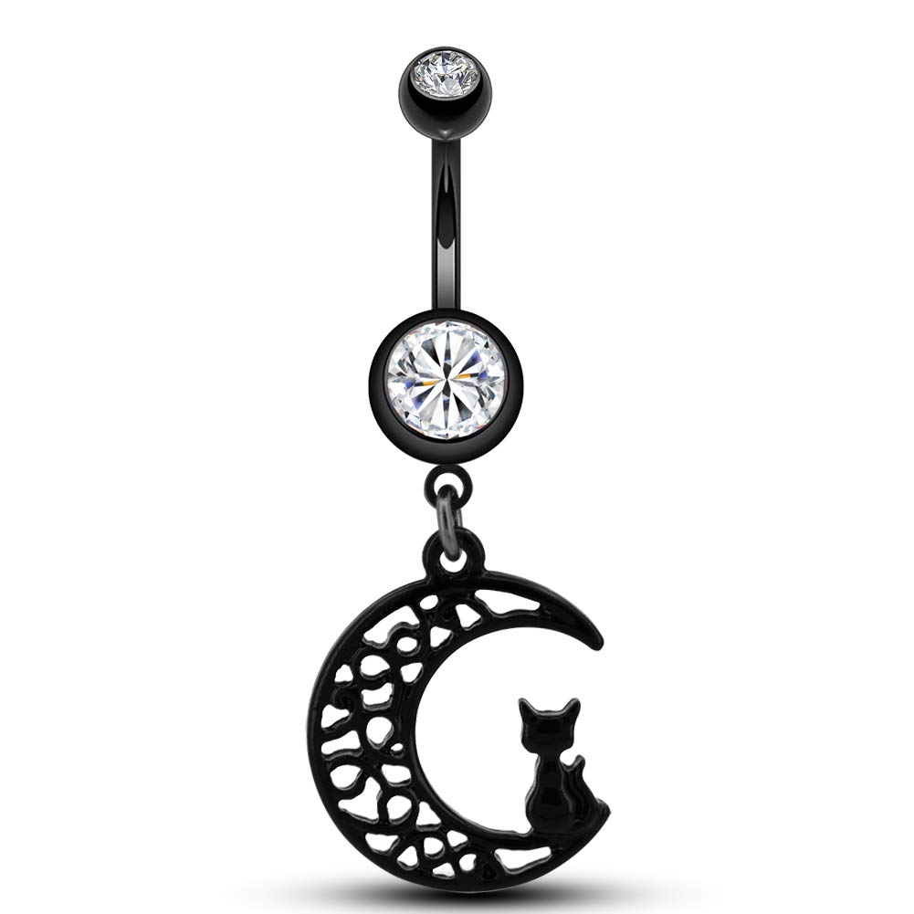 Jewseen 14g 316L Surgical Steel Belly Button Rings with Black Moon Cute Cat Dangle Navel Rings Piercing