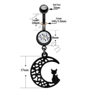 Jewseen 14g 316L Surgical Steel Belly Button Rings with Black Moon Cute Cat Dangle Navel Rings Piercing