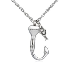 gredstar gone fishing urn necklace for ashes fish hook cremation urn pendant fishing in heaven keepsake jewelry (silver)