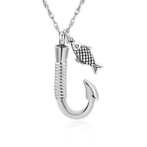 fish hook cremation urn pendant memorial necklace for ashes fish urn cremation necklace (silver)