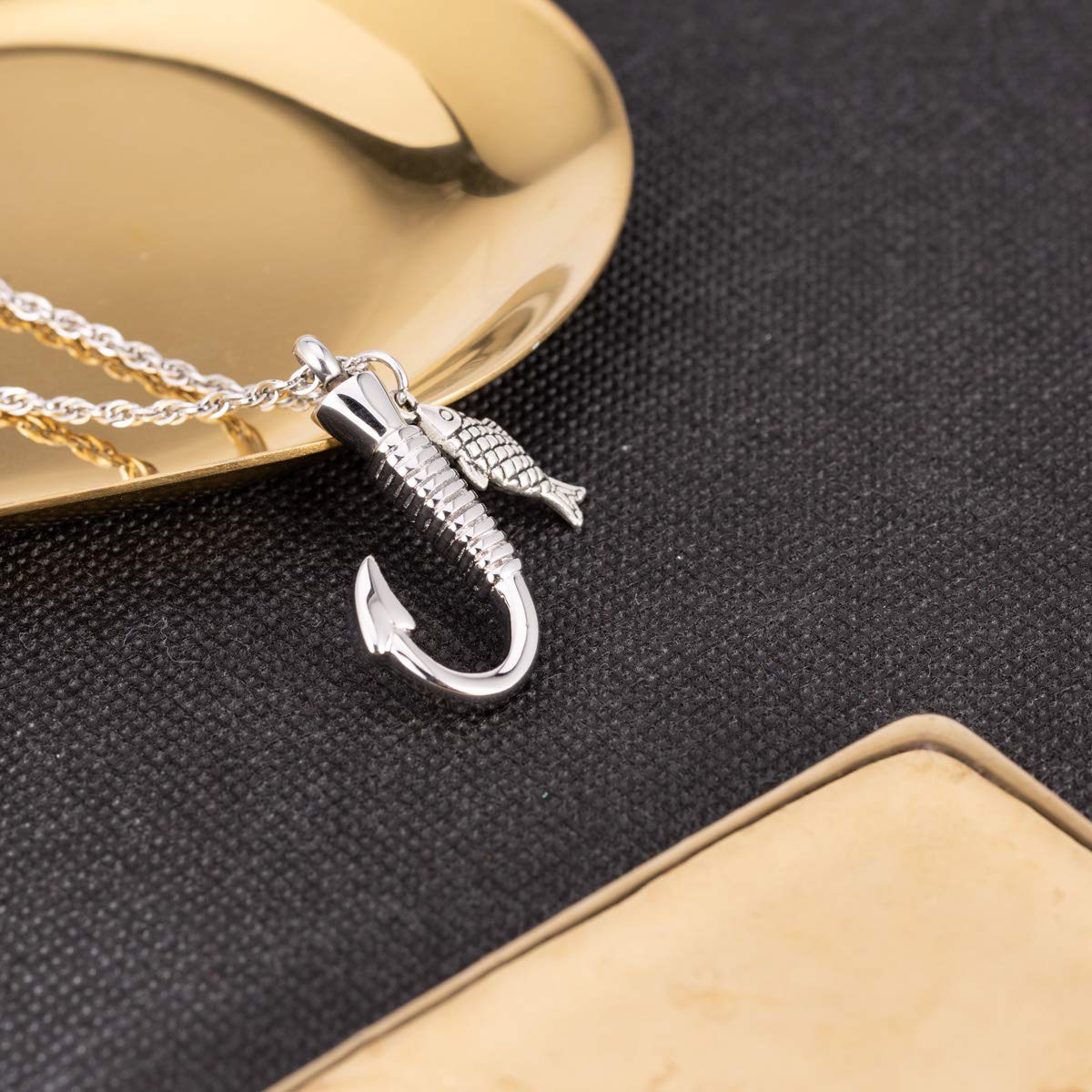 Fish hook Cremation Urn Pendant Memorial Necklace for ashes Fish Urn cremation necklace (Silver)