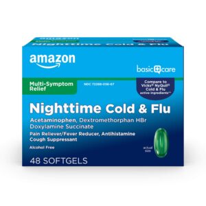 amazon basic care nighttime cold and flu relief softgels, 6 hour cold medicine, relieves major flu symptoms so you can rest, 48 count (pack of 1)