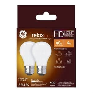 ge lighting relax led ceiling fan light bulbs, 4 watts (40 watt equivalent) soft white hd light, frosted finish, medium base, dimmable (2 pack)