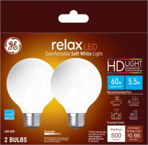 ge relax led globe light bulb, 5.5 watts (60 watt equivalent) soft white hd light, frosted finish, medium base, dimmable (2 pack)