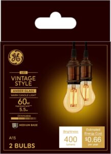 ge lighting vintastyle led light bulbs, 5.5 watts (60 watt equivalent) warm candle light, amber glass, medium base, dimmable (2 pack)