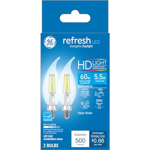 GE Refresh LED Light Bulbs, 60 Watt, Daylight, Decorative Bulbs, Clear, Small Base (2 Pack)